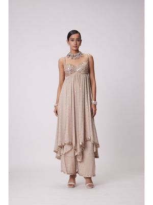 Buy Vvani by Vani Vats Beige High Low Kurta with Palazzo and Dupatta ...