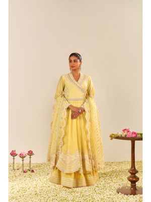 Buy Sheetal Batra Yellow Ameena Long Angarkha with Lehenga and Dupatta ...