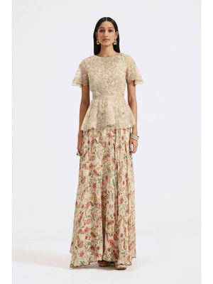 Buy Basanti Kapde aur Koffee Beige Embroidered Top with Bustier & Skirt ...