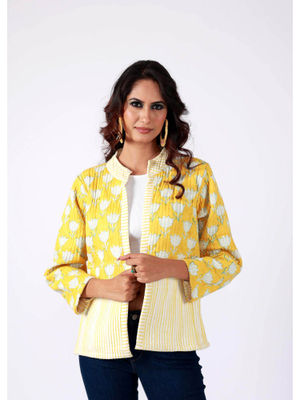 Buy Zanaash Handblock Printed Yellow Quilted Jacket -Cockatiel Online
