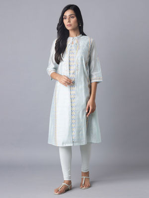 Buy WISHFUL by W Blue Floral Kurta with Jacket and Tights (Set of 3) Online