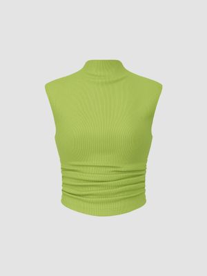 Buy Cider Solid High Neck Sleeveless Ruched Crop Top Online