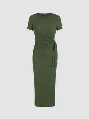 Buy Cider Round Neckline Bowknot Solid Split Midi Dress Online