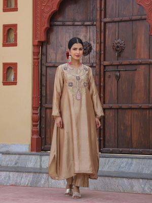 Buy Label Niti Bothra Beige Cheent Embroidered Long Yoke Style Kurta ...