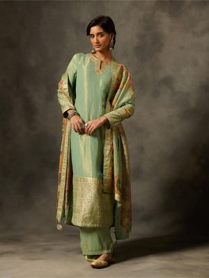 Buy Saundh Tashi Green Kurta with Palazzo and Dupatta (Set of 3) (XS ...