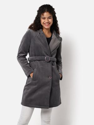 Buy Campus Sutra Womens Solid Long Coat With Belt Grey (Set of 2) Online