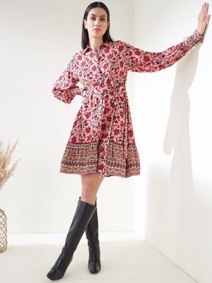 Buy Femmella Red Floral Border Print Tiered Mini Shirt Dress with Belt ...