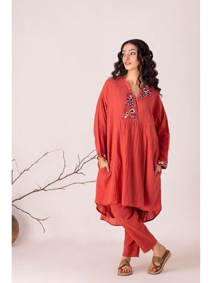 Buy Karuna Khaitan Womens Red Dhruvee Embroidered Co-ord (Set of 2) Online