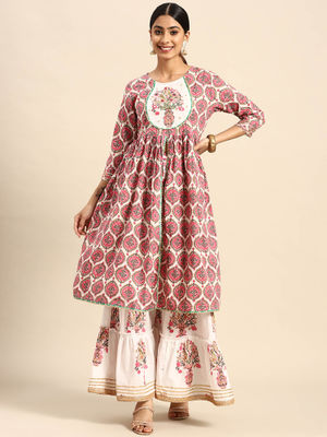 Buy Rangmayee White-Pink Floral Print & Embroidered Kurta with Skirt ...