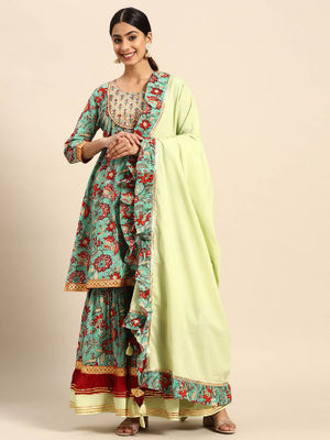 Buy Rangmayee Green-Red Floral Printed Gotta Patti Kurta with Sharara ...