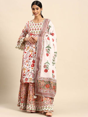 Buy Rangmayee White-Green Floral Printed Straight Kurta with Skirt ...