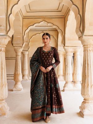 Buy Kidar Banarasi Silk Brown Anarkali Kurta with Pant and Dupatta (Set ...