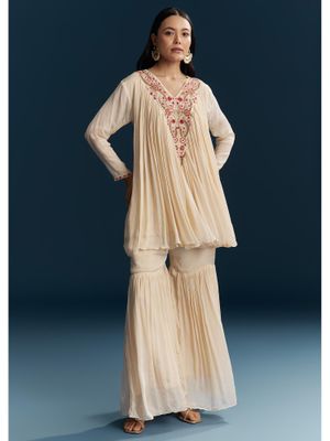 Buy KALKI FASHION Cream Chinon Embroidered Zardozi Short Kurti with ...
