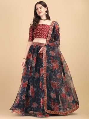Buy Amrutam Fab Navy Blue & Red Organza Printed and Sequined ...