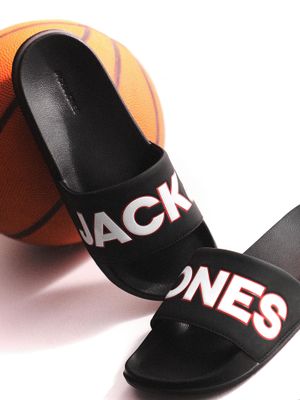 Buy Jack & Jones Black Contrast Logo PU Pool Sliders (EURO 40) Online