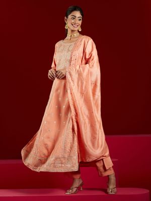 Buy Libas Peach Silk Blend Floral Embroidered A-Line Kurta with ...