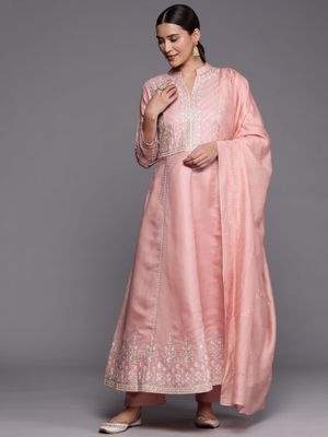 Buy Libas Peach Silk Blend Floral Embroidered A-Line Kurta with ...