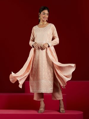 Buy Libas Peach Silk Blend Embroidered Kurta with Trousers and Dupatta ...