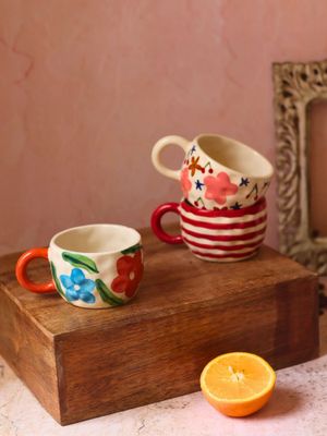 Buy WEAVING HOMES White Floral Fables Mugs (Pack of 3) Online