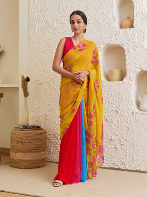 Buy Rustorange Yellow Pure Georgette Floral Multi-Color Half & Half ...