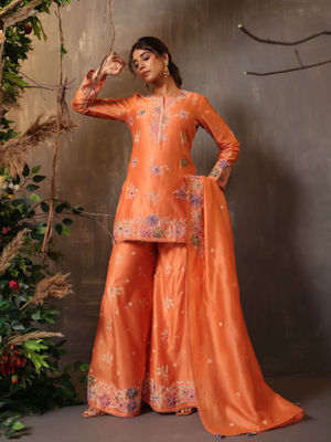 Buy Label Niti Bothra Orange Gulshan Square Neck Sharara with Kurta and ...