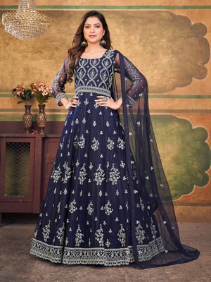 Buy Odette Navy Blue Net Embroidered Semi Stitched Dress Material with ...