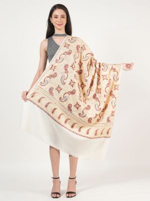 Buy Muffly Women White Embroidered Wool Shawl Heavy Jal With Swarovski ...