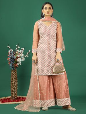 Buy Ethnovog Classic Top N Cameo Pink Net Kurta With Palazzo And ...