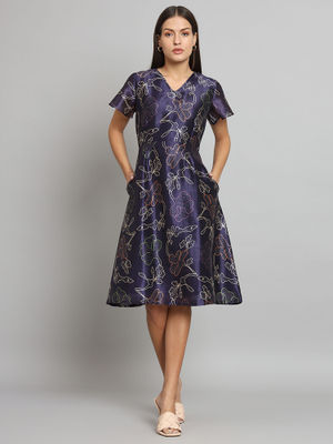 Buy Powersutra Women Blue Floral Printed Silk Fit & Flare Dress Online