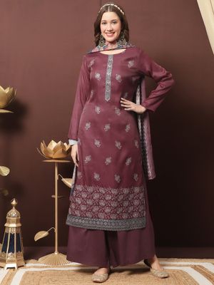 Buy Stylee LIFESTYLE Maroon Viscose Embroidered Dress Material Online