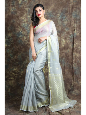 Buy Arhi Off White Tissue Handwoven Soft Saree With Allover Zari Butta ...