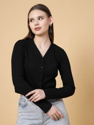 Buy RIGO Women Black Rib Cardigan Online