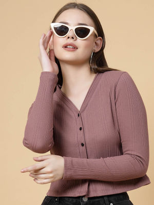 Buy RIGO Women Mauve Rib Cardigan Online