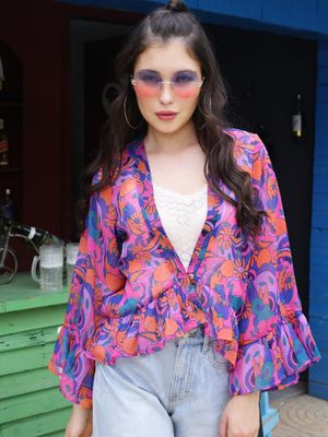 Buy Sera Women Multi-color Floral Print Regular Open Front Poly Chiffon ...