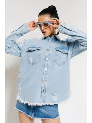 Buy FREAKINS Oversized Distressed Denim Shacket Online
