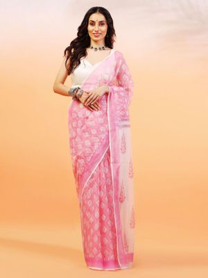 Buy Aditri Handloom Kota Doria Hand Block Print Pink Saree Without ...