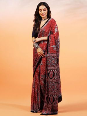 Buy Aditri Handprinted Ajrakh On Modal Silk Red Saree Without Blouse Online