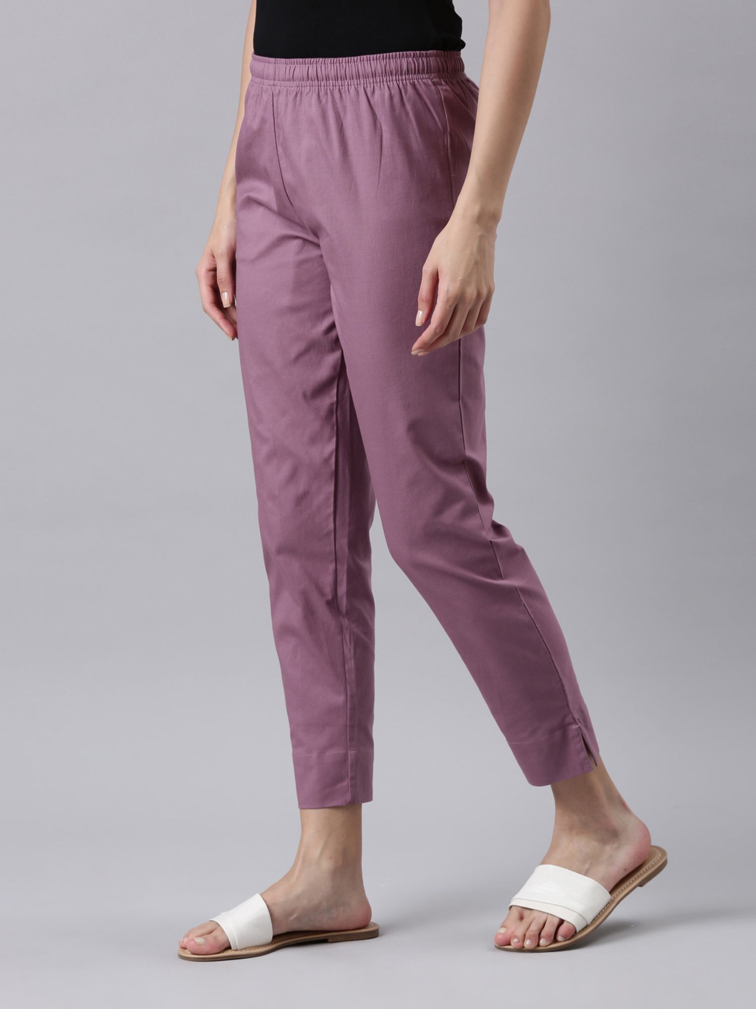 Buy Go Colors Women Solid Lilac Cotton Pencil Pant Online