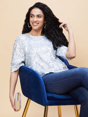Buy Globus Women Grey Sequined Embellished Round Neck Party Top Online