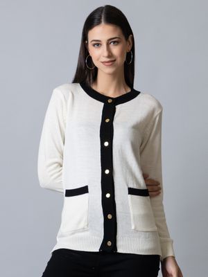 Buy Club York Womens White Full Sleeve Round Neck Soild Cardigan Online