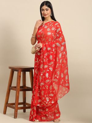 Buy Akhilam Women's Georgette Red Printed Celebrity Saree with Unstitched Blouse Online