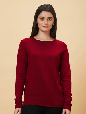 Buy Globus Women Red Reglan Sleeve With Ribbed Hem Acrylic Sweater Online
