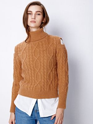 Buy COVER STORY Brown Woven Full Sleeves High Neck Sweater Online