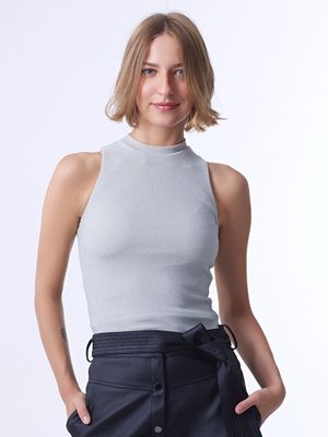 Buy COVER STORY Silver Solid Sleeveless High Neck Top Online