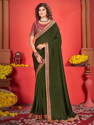 Buy Akhilam Women's Georgette Fabric Olive Embroidered Saree with Unstitched Online