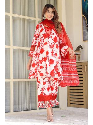Buy Label Aditi Hundia Red Chand Floral Print Kurta with Pant and ...