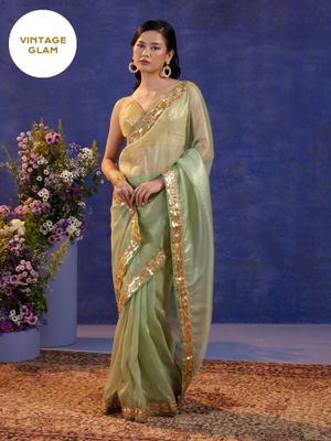 Buy Gajra Gang Vintage Rani Green Sequin Scallop Border Saree Online