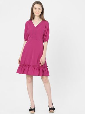 Buy Women Solid Pink Knee Length Ruffled Dress Online