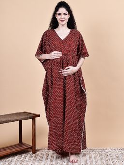 Buy Secret Wish Brown Floral Cotton Maternity Kaftan Online