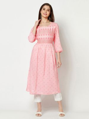 Buy Imara Light Pink Cross Stitch Print Gathered Kurta online